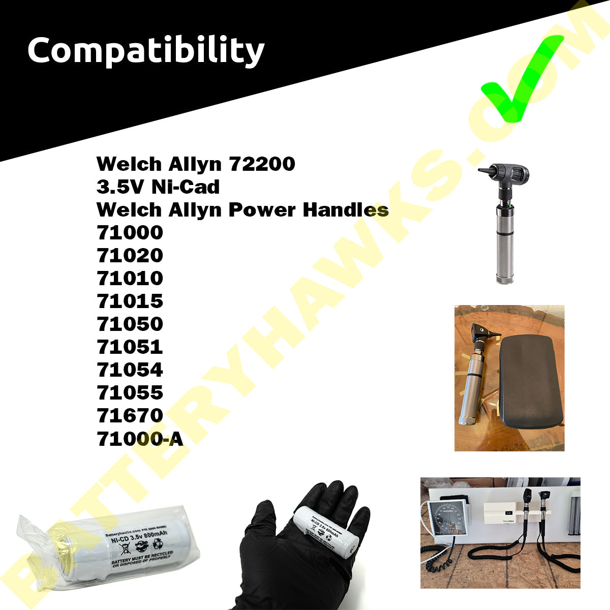 Welch Allyn 72200 3.5V Ni-Cad Power Handles 800mAh Ni-CD Battery ...