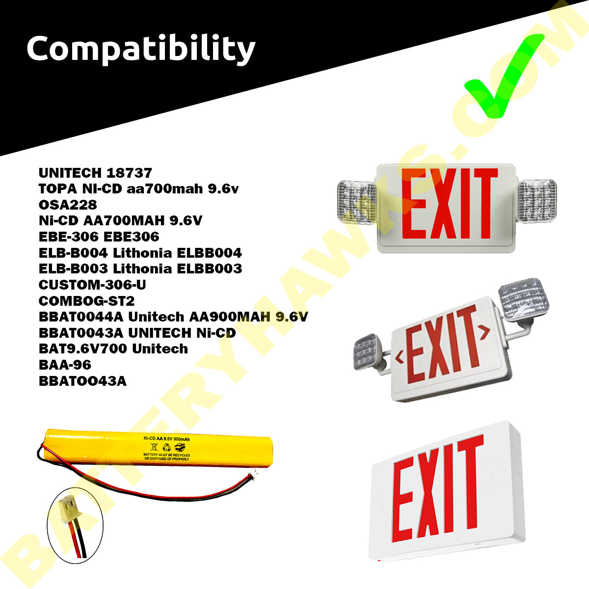 (10 Pack) 9.6v 900mAh Ni-CD Battery Replacement Pack for Exit Sign Eme ...