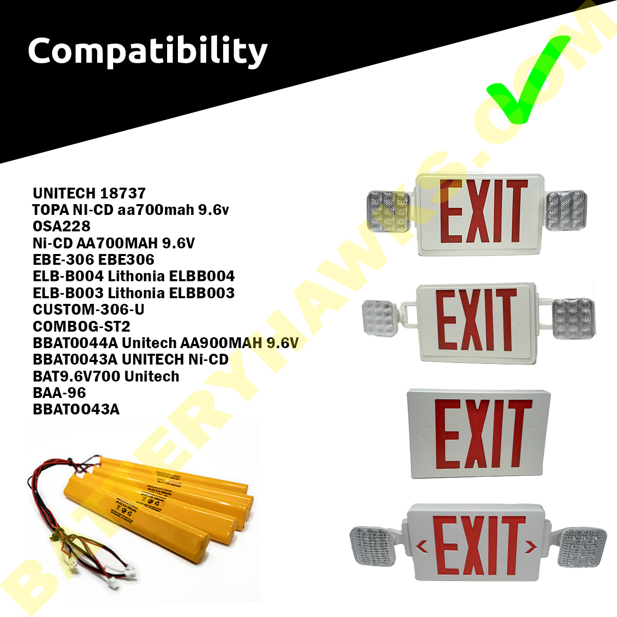 (20 Pack) 9.6v 900mAh Ni-CD Battery Replacement Pack for Exit Sign Eme ...