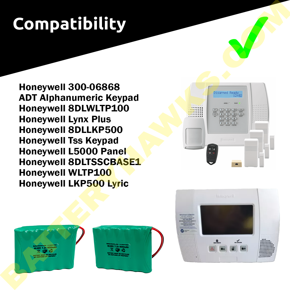 7.2v 600mAh Ni-MH Battery Pack Replacement for Alarm System ...